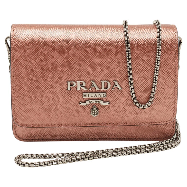 Prada Metallic Rose Gold Saffiano Lux Leather Chain Wallet For Sale at ...