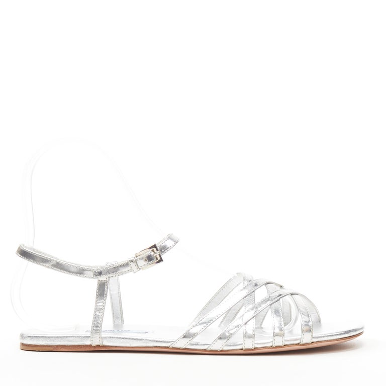 PRADA metallic silver criss cross strap open toe ankle strap flat ...