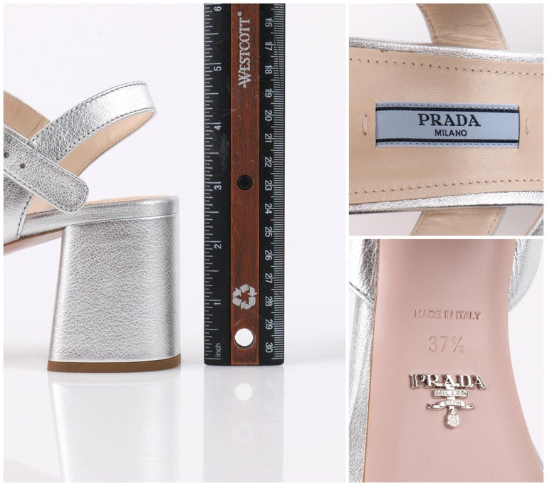 PRADA Metallic Silver Leather Platform Block Heel Sandals Heels at ...
