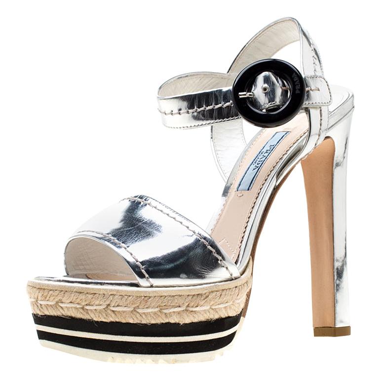 Prada Metallic Silver Mirror Leather Platform Ankle Strap Sandals Size ...