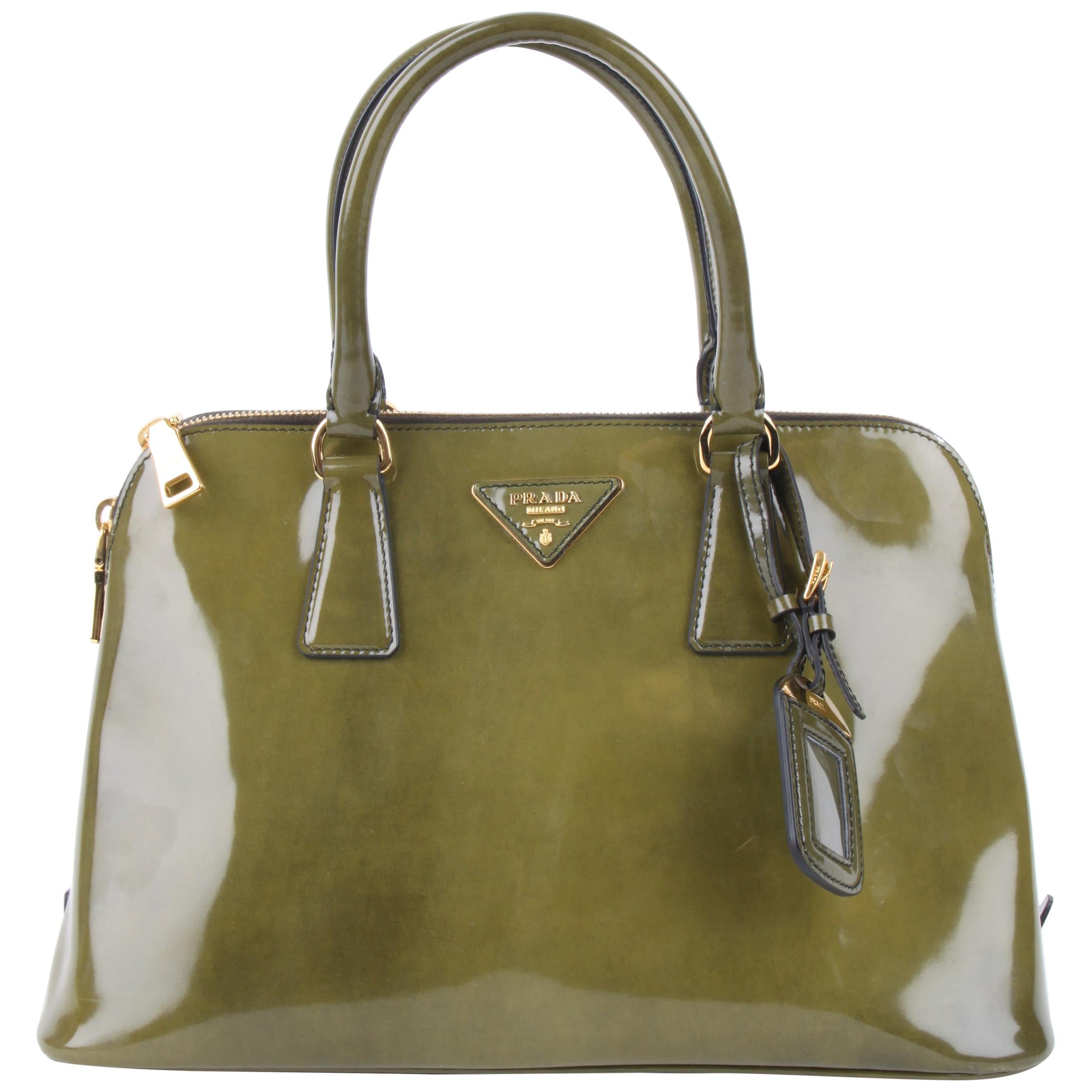 Prada Military Green Patent Leather Promenade Handbag For Sale at 1stDibs