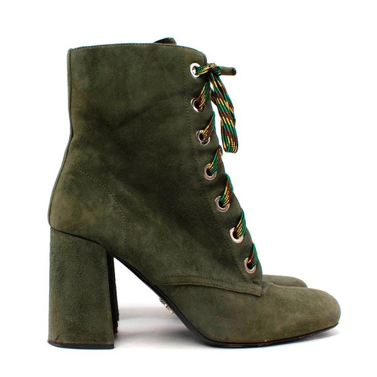 Prada Military Green Suede Lace-Up Ankle Boots For Sale at 1stDibs