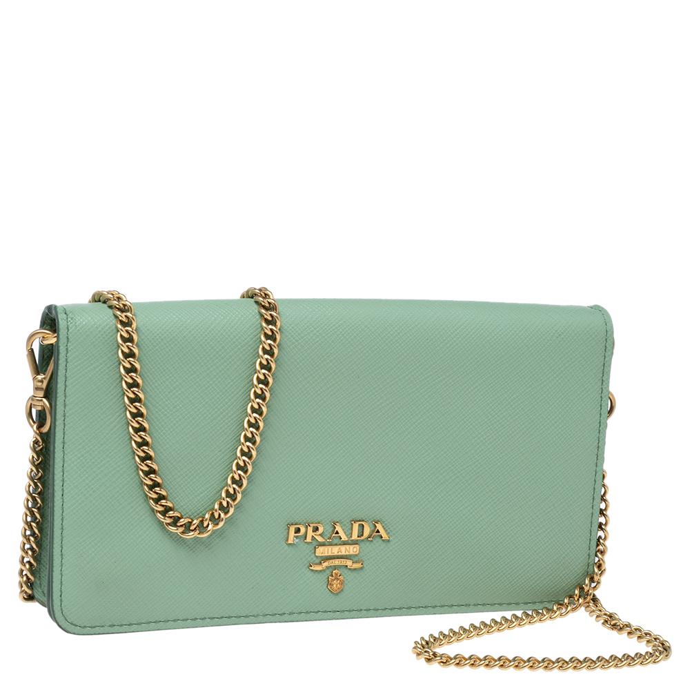 Prada Mint Green Saffiano Lux Leather Logo Flap Wallet on Chain at ...