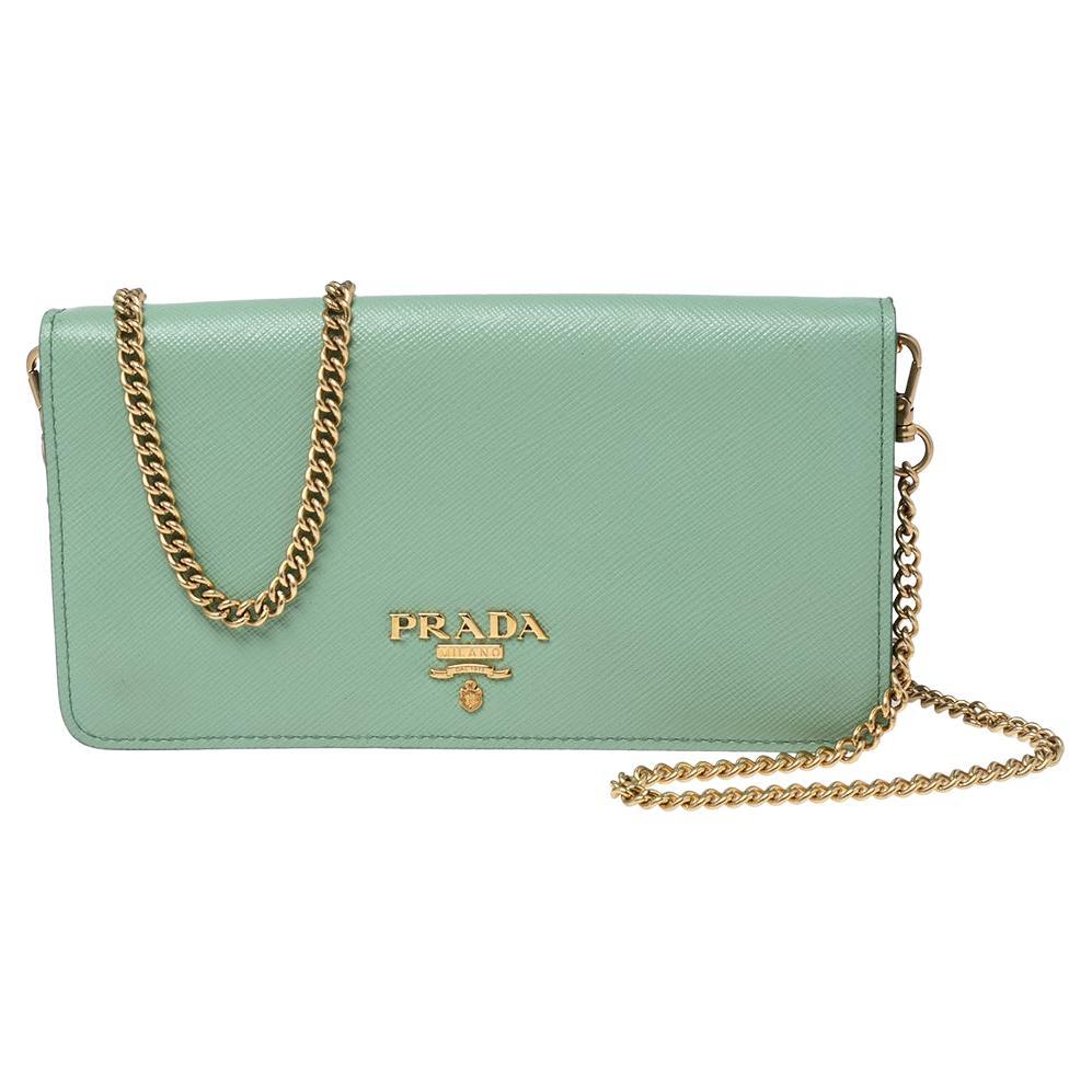 Prada Mint Green Saffiano Lux Leather Logo Flap Wallet on Chain at ...