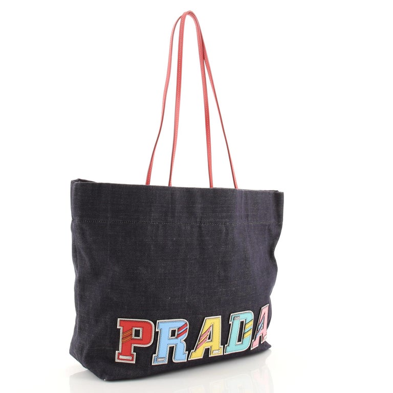 Prada Model: Logo Patches Tote Denim Medium at 1stDibs