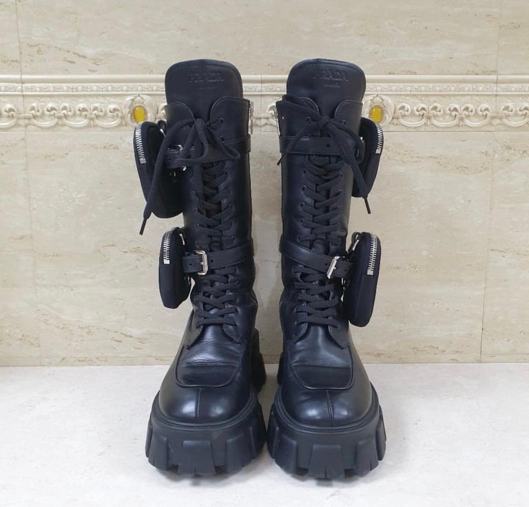 Prada Monolith Black Leather Knee-high Boots at 1stDibs