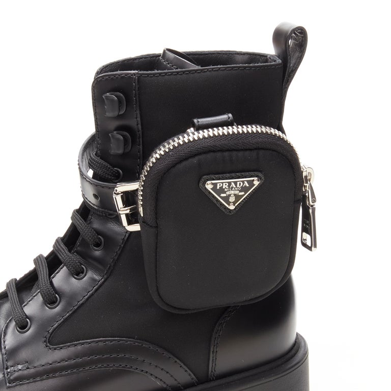 PRADA Monolith black nylon leather triangle logo ankle pouch combat ...