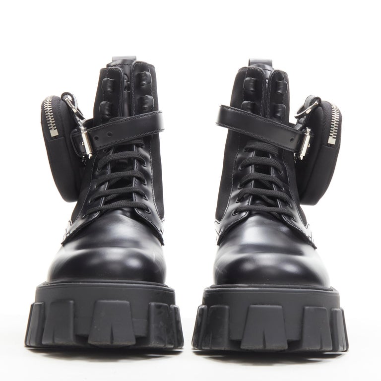 PRADA Monolith black nylon leather triangle logo ankle pouch combat ...