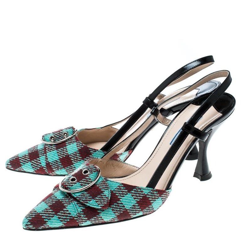 Prada Multicolor Check Pattern Fabric and Leather Slingback Sandals ...