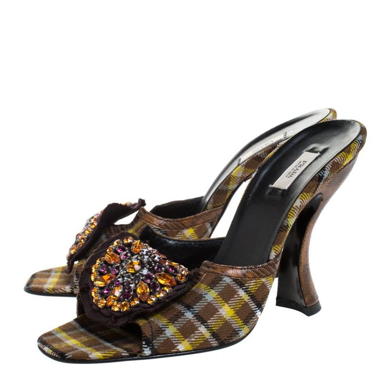 Prada Multicolor Crystal Embellished Check Fabric Slide Sandals Size 37 ...