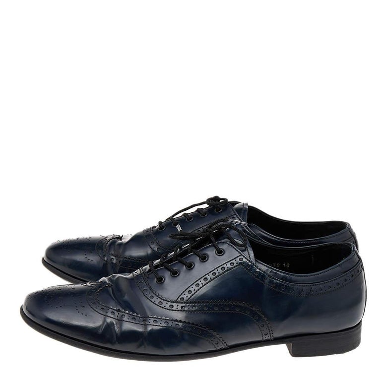 Prada Navy Blue Brogue Leather Lace Up Oxfords Size 44 For Sale at 1stDibs