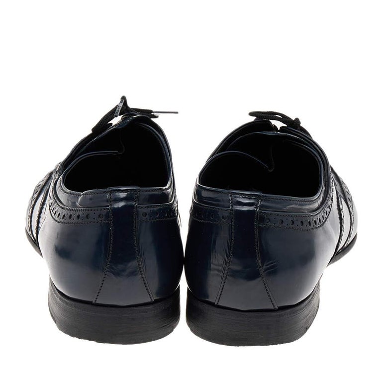 Prada Navy Blue Brogue Leather Lace Up Oxfords Size 44 For Sale at 1stDibs