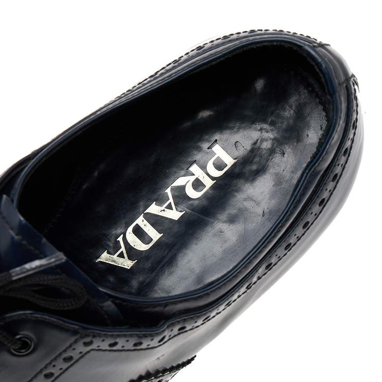 Prada Navy Blue Brogue Leather Lace Up Oxfords Size 44 For Sale at 1stDibs
