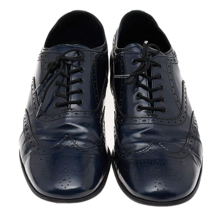 Prada Navy Blue Brogue Leather Lace Up Oxfords Size 44 For Sale at 1stDibs