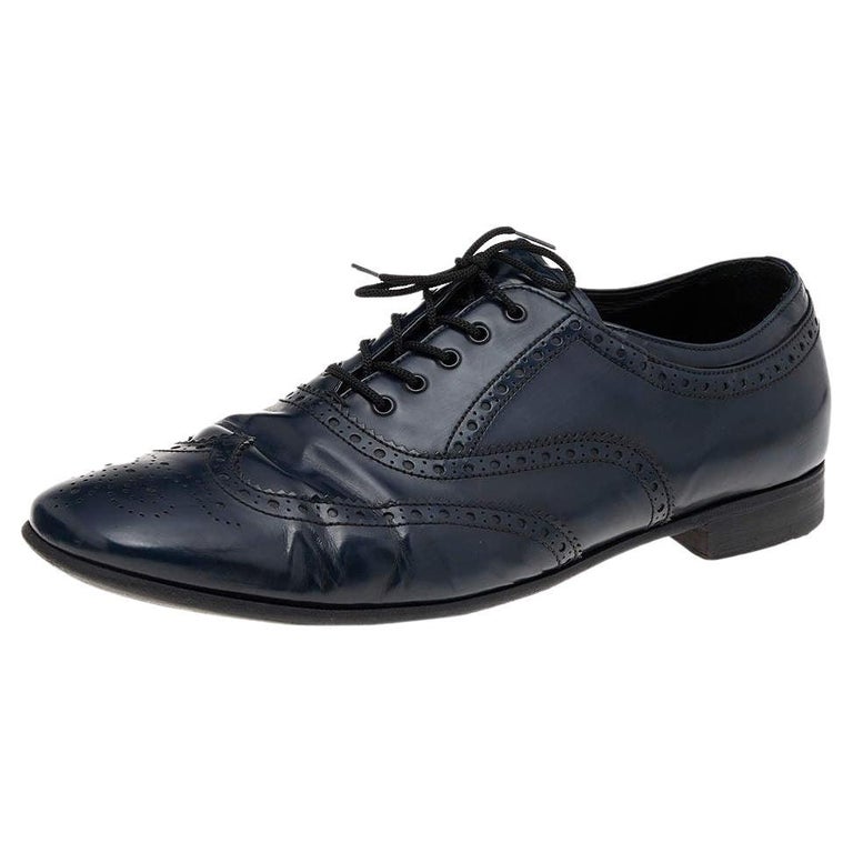 Prada Navy Blue Brogue Leather Lace Up Oxfords Size 44 For Sale at 1stDibs
