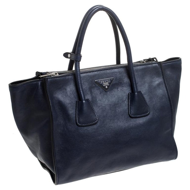 Prada Navy Blue Glace Calf Leather Twin Pocket Double Handle Tote at ...