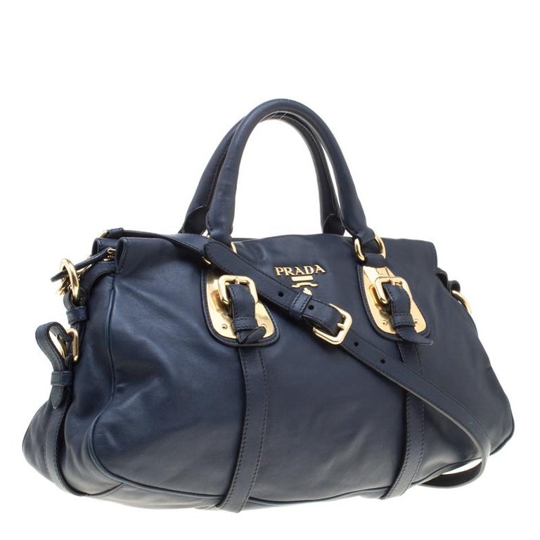Prada Navy Blue Leather Satchel For Sale at 1stDibs