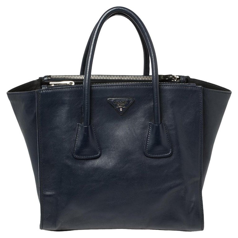 Prada Navy Blue Leather Twin Pocket Tote at 1stDibs