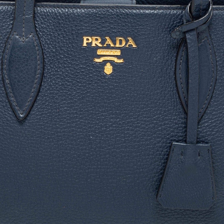 Prada Navy Blue Leather Vitello Phenix Small Tote For Sale at 1stDibs