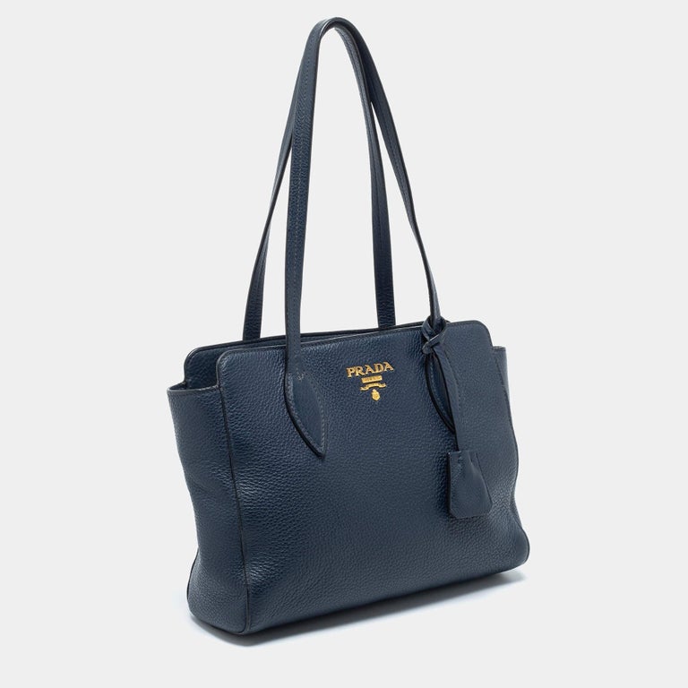 Prada Navy Blue Leather Vitello Phenix Small Tote For Sale at 1stDibs