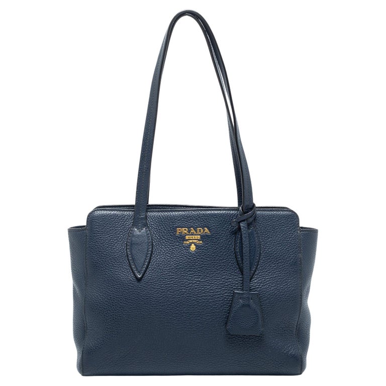 Prada Navy Blue Leather Vitello Phenix Small Tote For Sale at 1stDibs