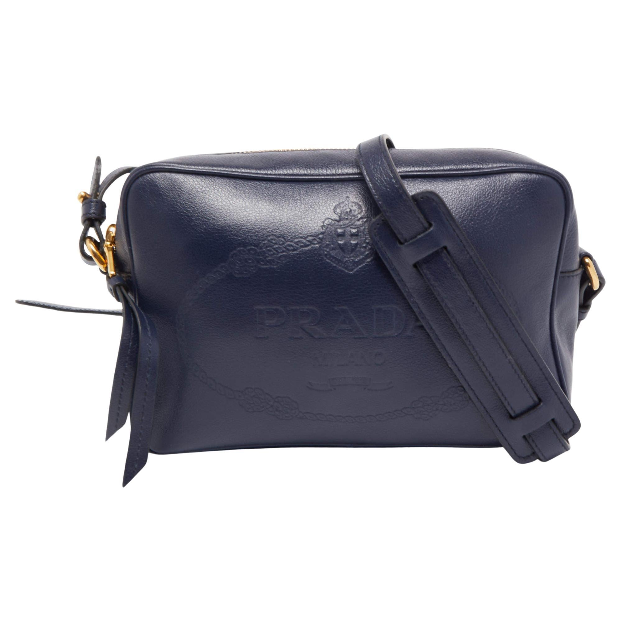 Prada Navy Blue Logo Embossed Leather Camera Crossbody Bag For Sale at ...