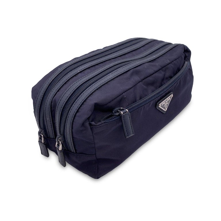 Prada Navy Blue Nylon Canvas Double Zip Pouch Cosmetic Bag For Sale at ...