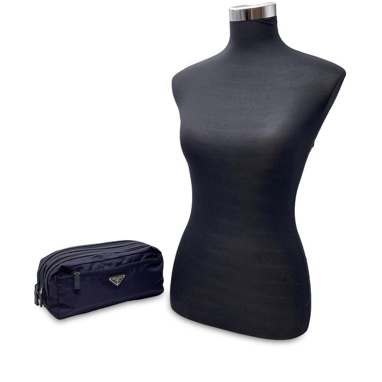 Prada Navy Blue Nylon Canvas Double Zip Pouch Cosmetic Bag For Sale at ...