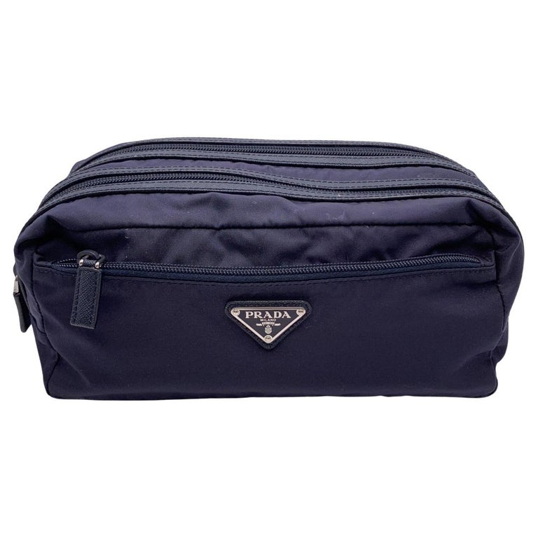 Prada Navy Blue Nylon Canvas Double Zip Pouch Cosmetic Bag For Sale at ...