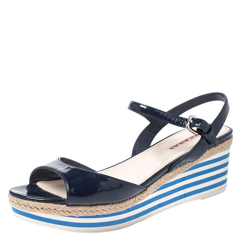 Prada Navy Blue Patent Leather Platform Stripe Wedge Ankle Strap ...
