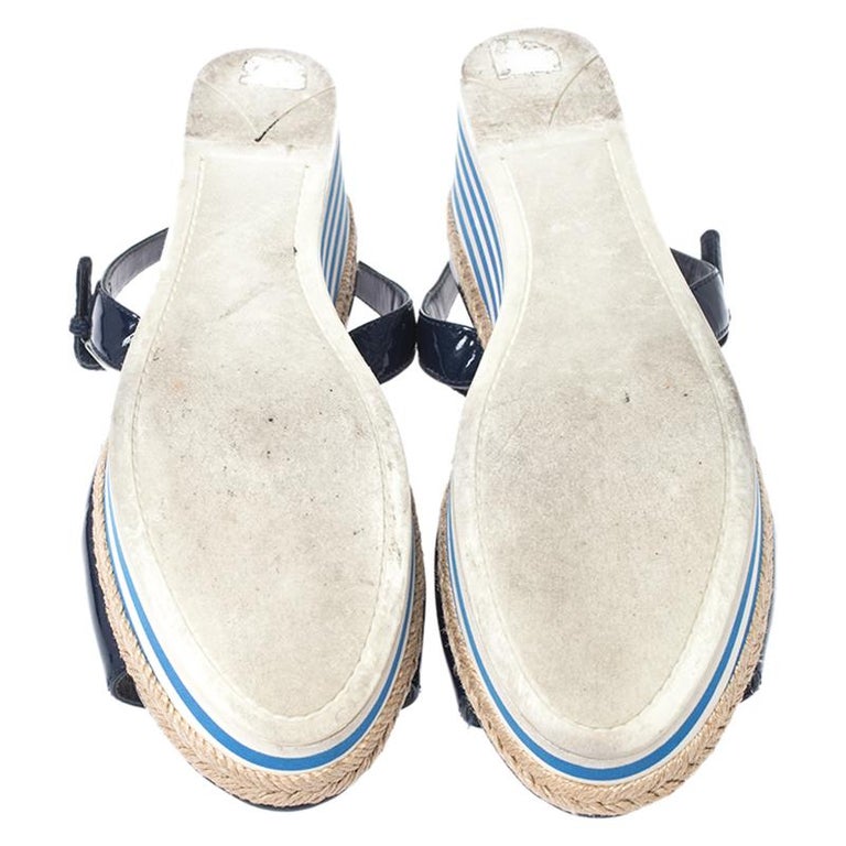 Prada Navy Blue Patent Leather Platform Stripe Wedge Ankle Strap ...