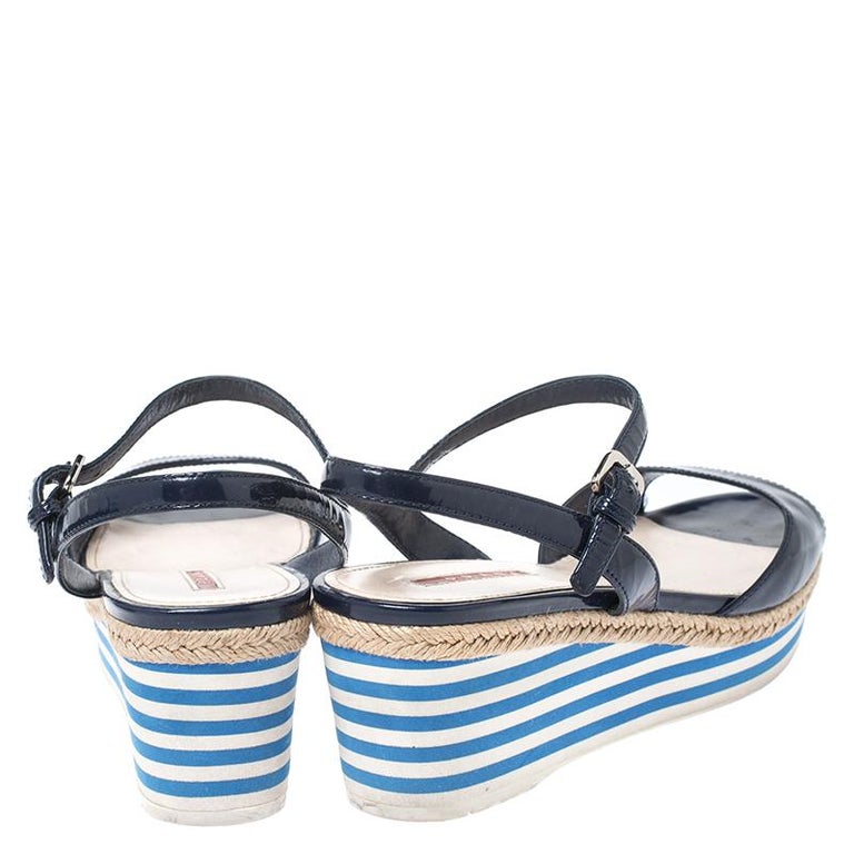 Prada Navy Blue Patent Leather Platform Stripe Wedge Ankle Strap ...