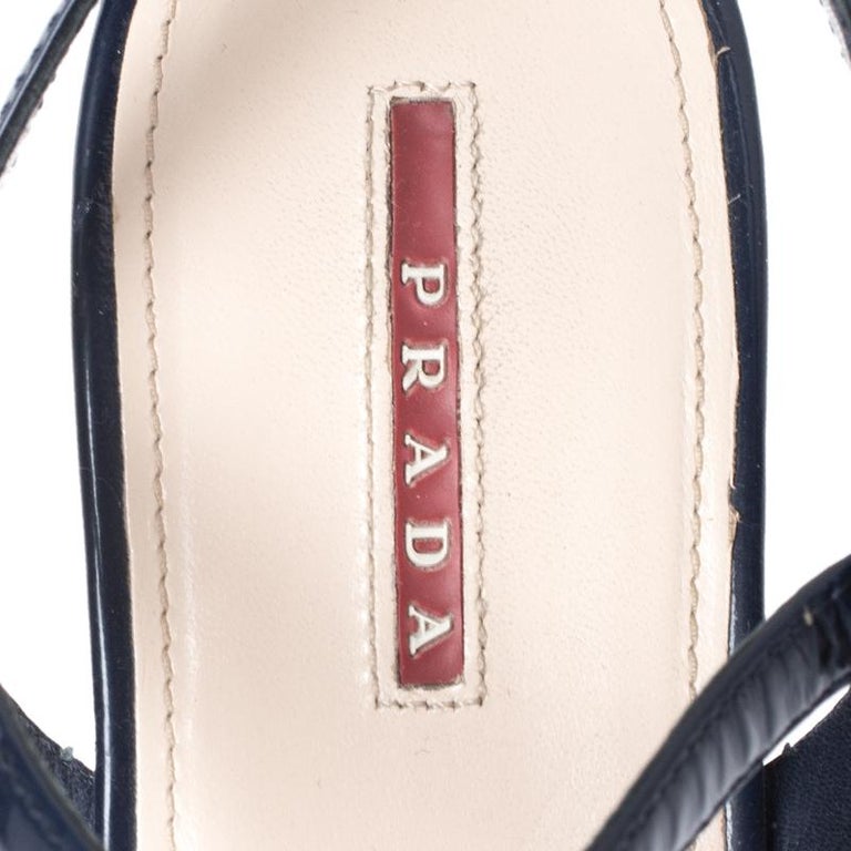 Prada Navy Blue Patent Leather Platform Stripe Wedge Ankle Strap ...