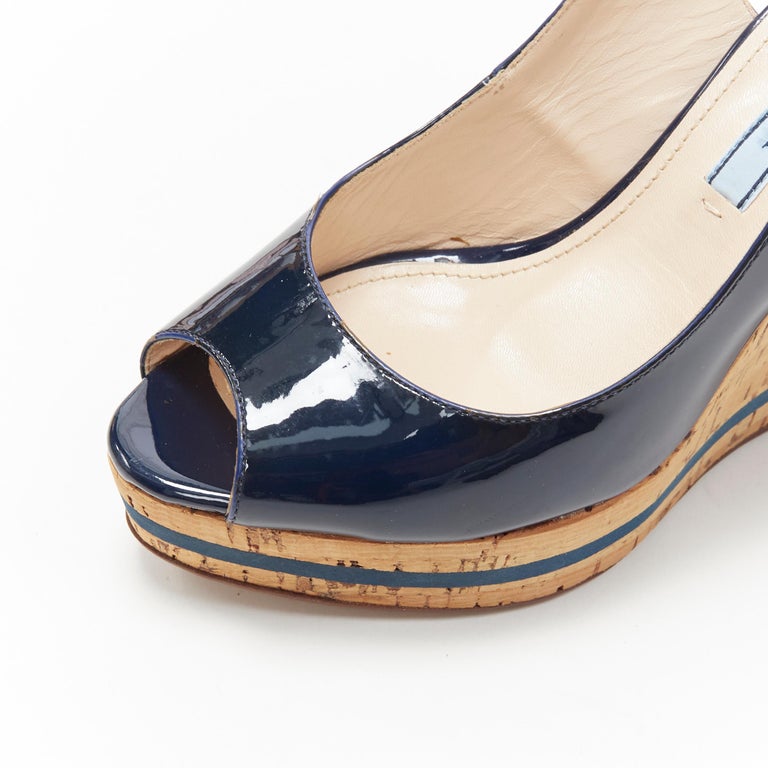 PRADA navy blue patent peep toe striped cork platform slingback wedge ...