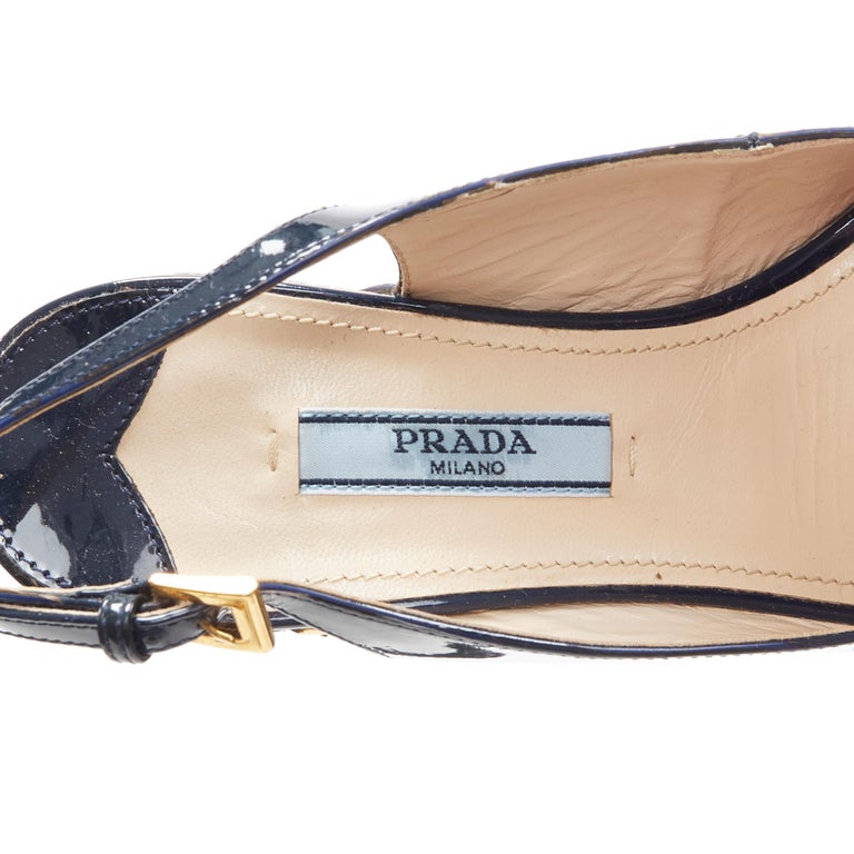 PRADA navy blue patent peep toe striped cork platform slingback wedge ...