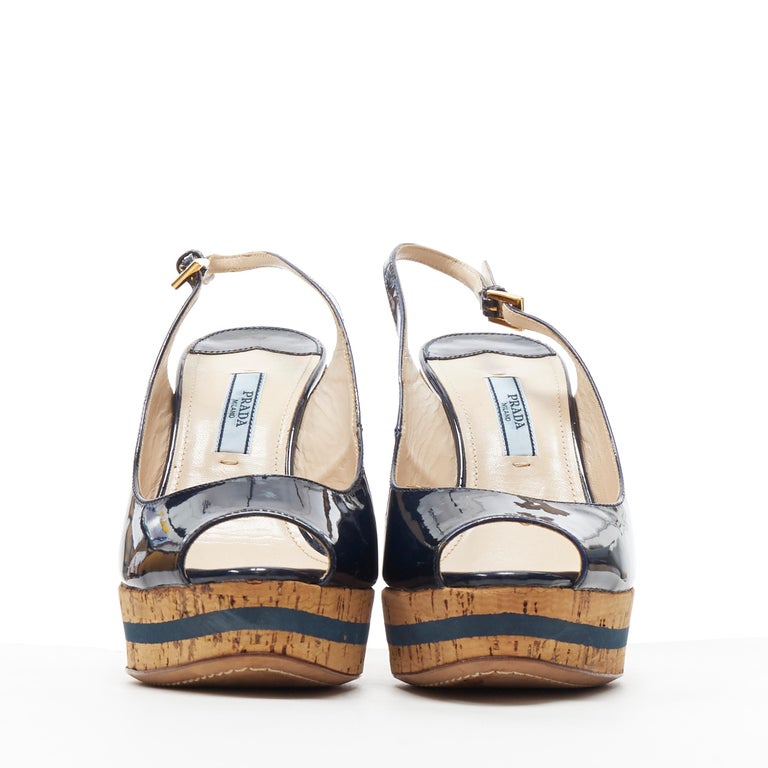 PRADA navy blue patent peep toe striped cork platform slingback wedge ...