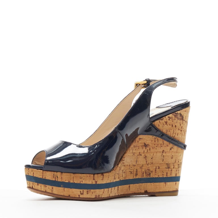 PRADA navy blue patent peep toe striped cork platform slingback wedge ...