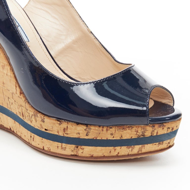PRADA navy blue patent peep toe striped cork platform slingback wedge ...