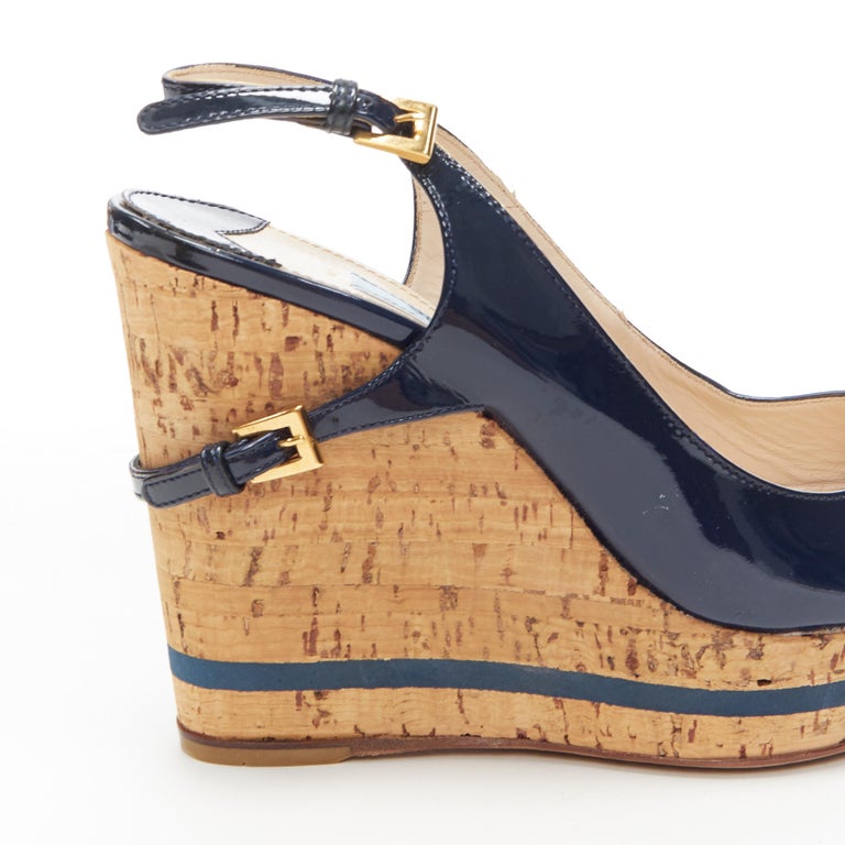 PRADA navy blue patent peep toe striped cork platform slingback wedge ...