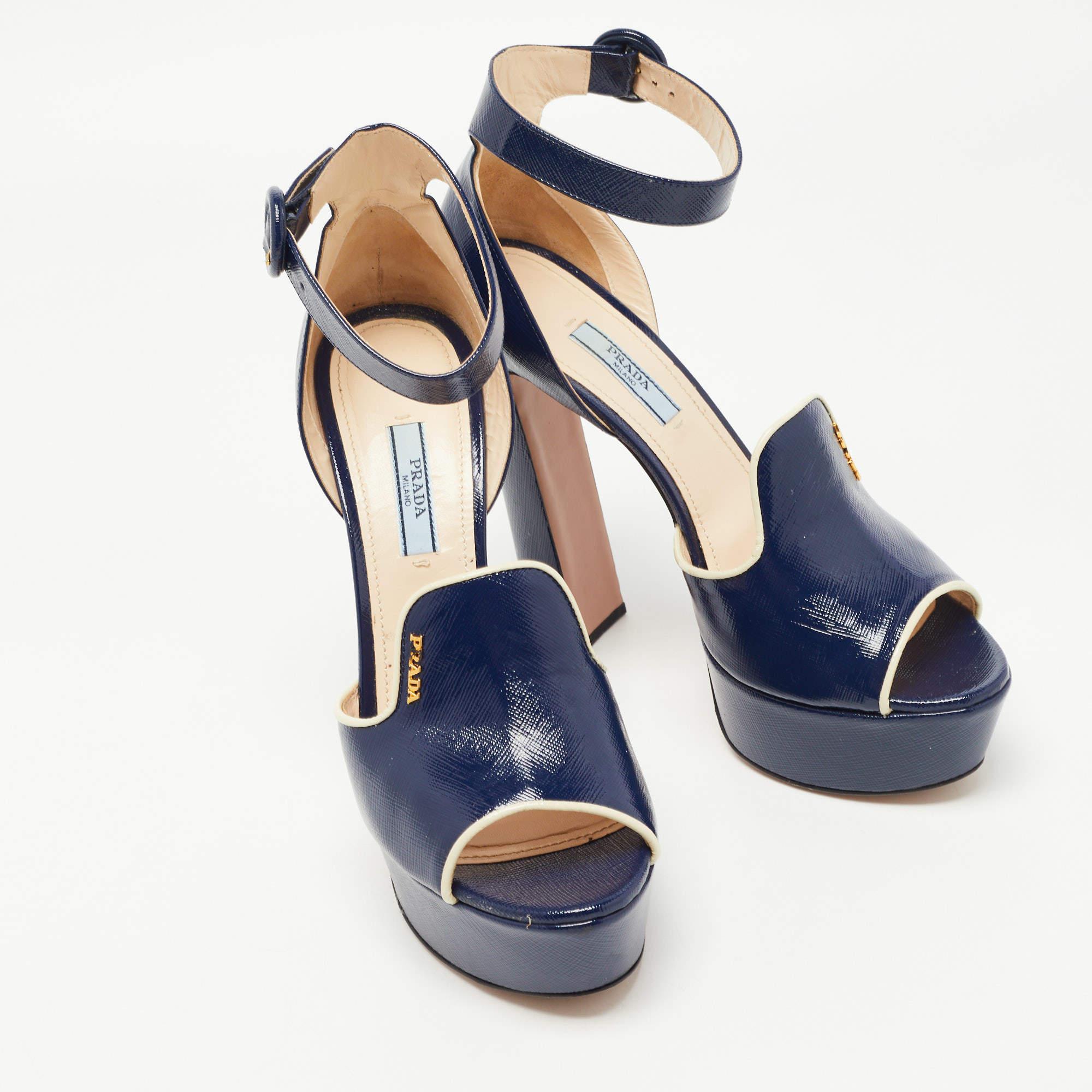 Prada Navy Blue Patent Platform Ankle Strap Sandals Size 39 at 1stDibs