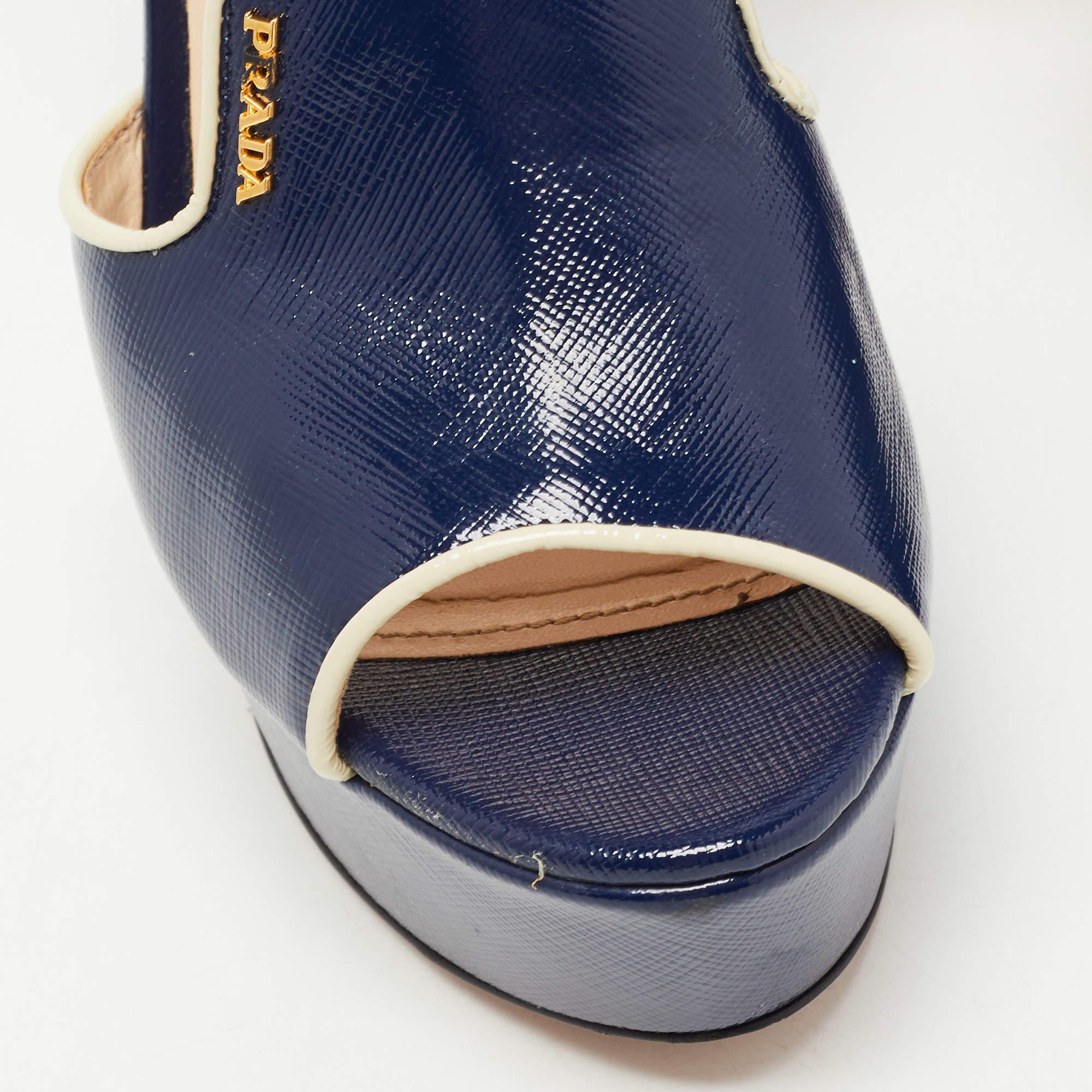Prada Navy Blue Patent Platform Ankle Strap Sandals Size 39 at 1stDibs