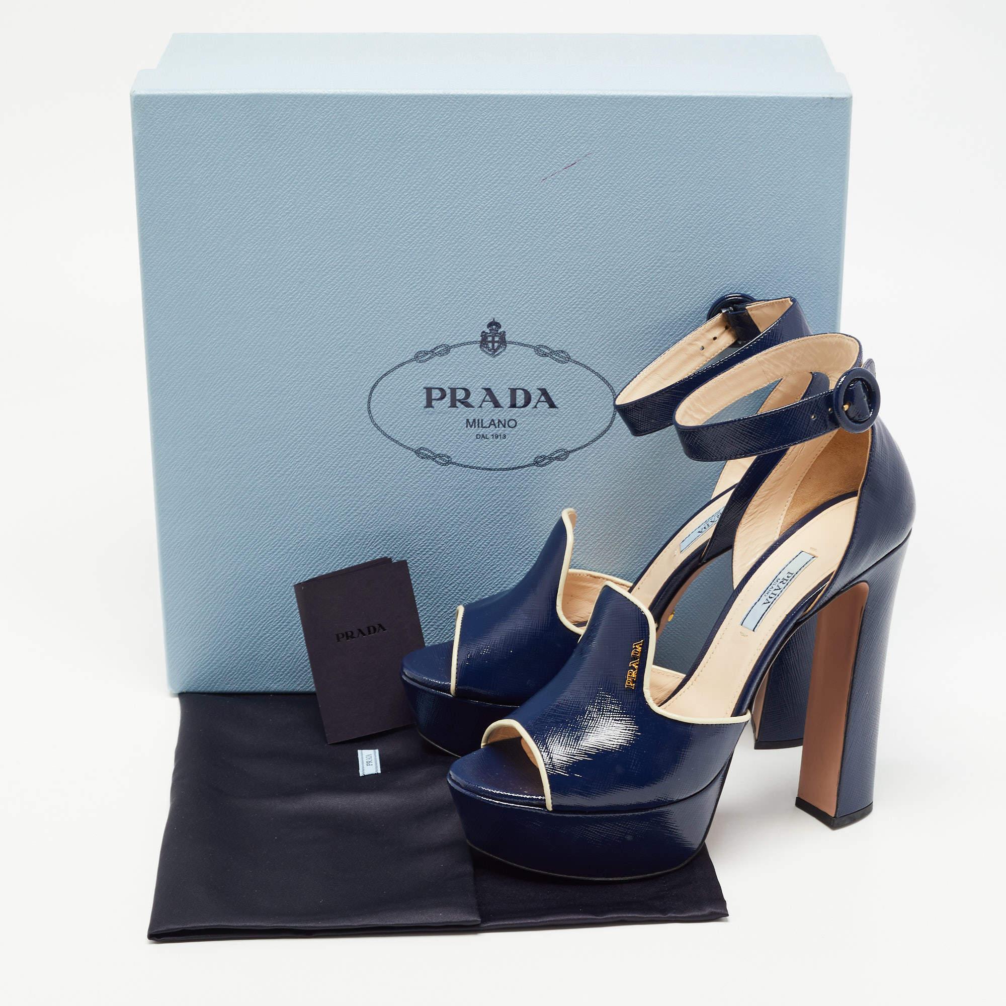 Prada Navy Blue Patent Platform Ankle Strap Sandals Size 39 at 1stDibs