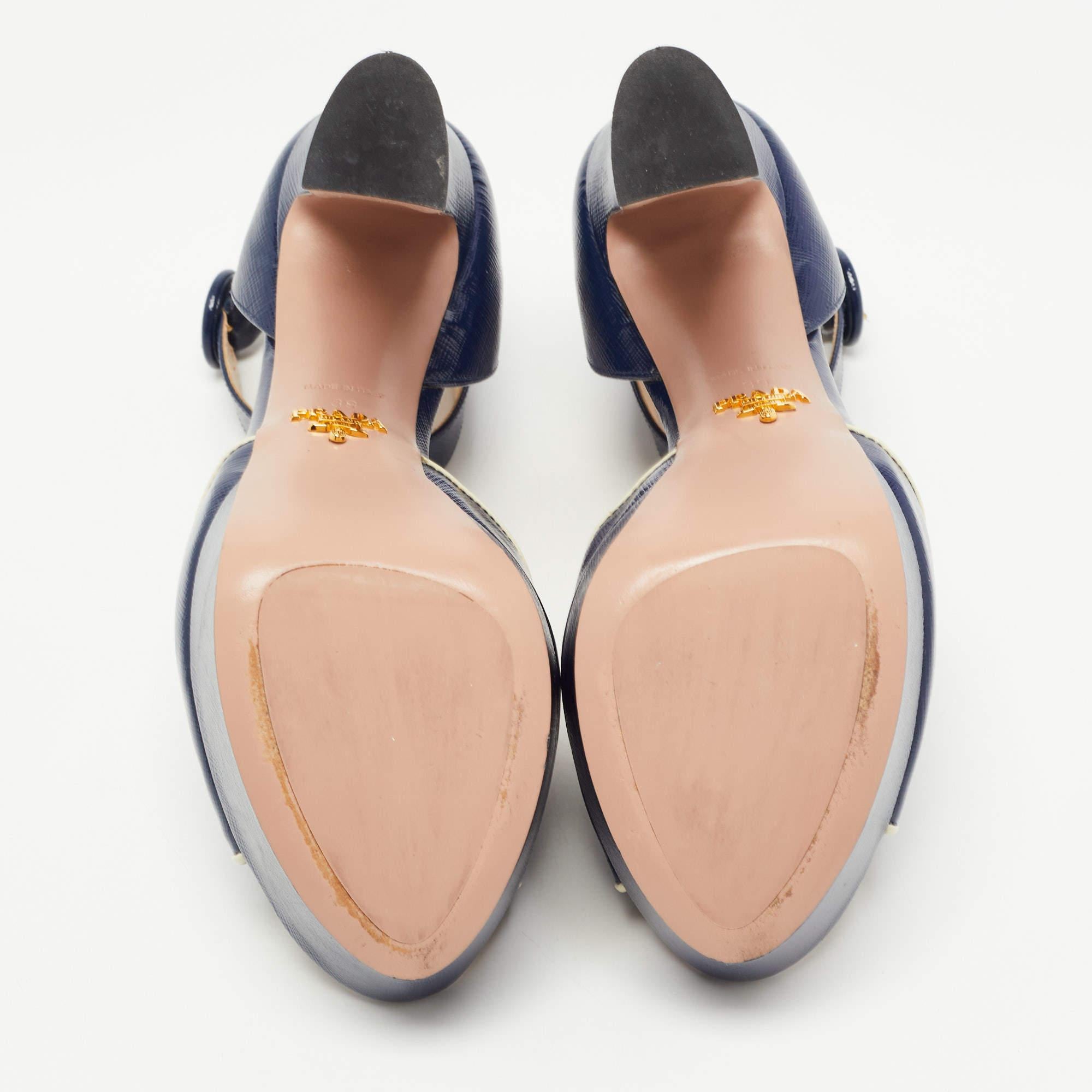 Prada Navy Blue Patent Platform Ankle Strap Sandals Size 39 at 1stDibs