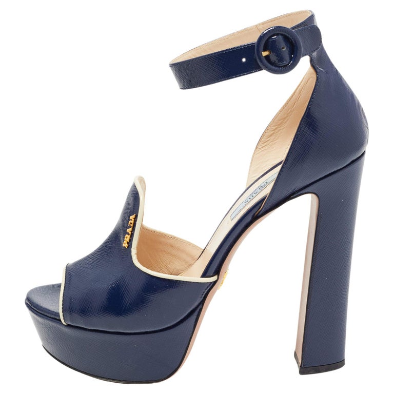 Prada Navy Blue Patent Platform Ankle Strap Sandals Size 39 For Sale at ...