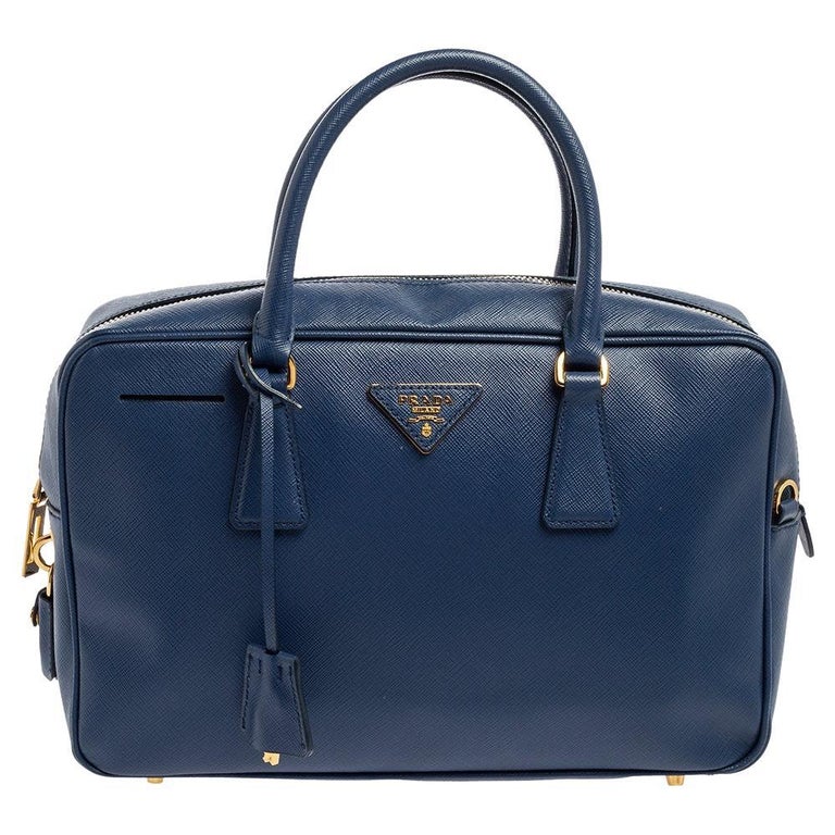 Prada Navy Blue Saffiano Lux Leather Zip Bauletto Bag at 1stDibs