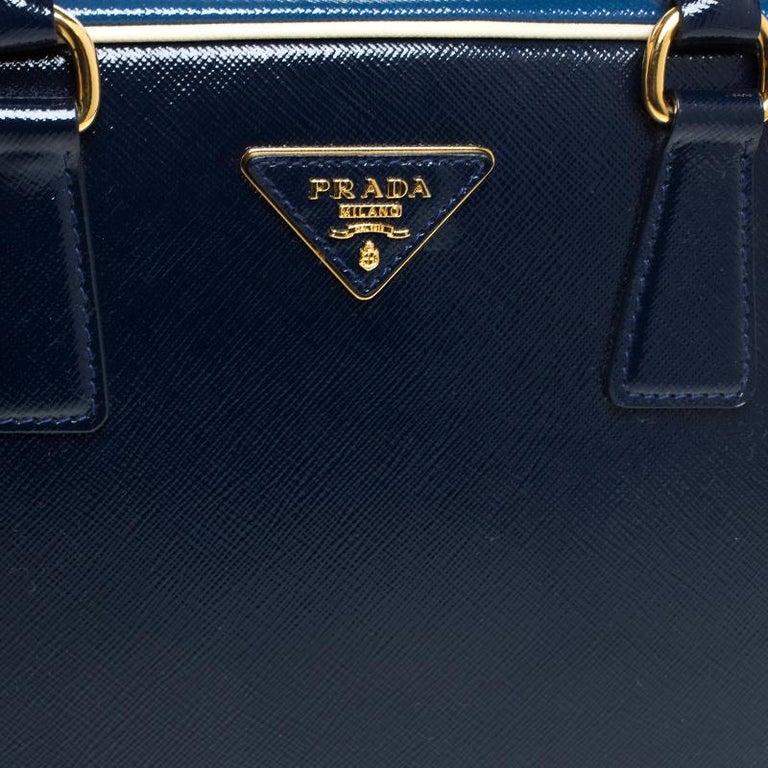 Prada Navy Blue Saffiano Lux Patent Leather Frame Top Handle Bag For ...