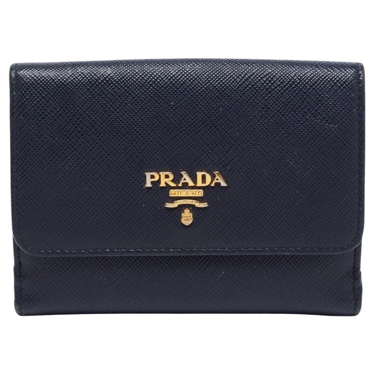 Prada Navy Blue Saffiano Metal Leather French Compact Wallet For Sale ...
