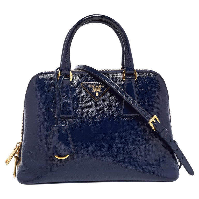 Prada Navy Blue Saffiano Patent Leather Small Promenade Satchel For ...