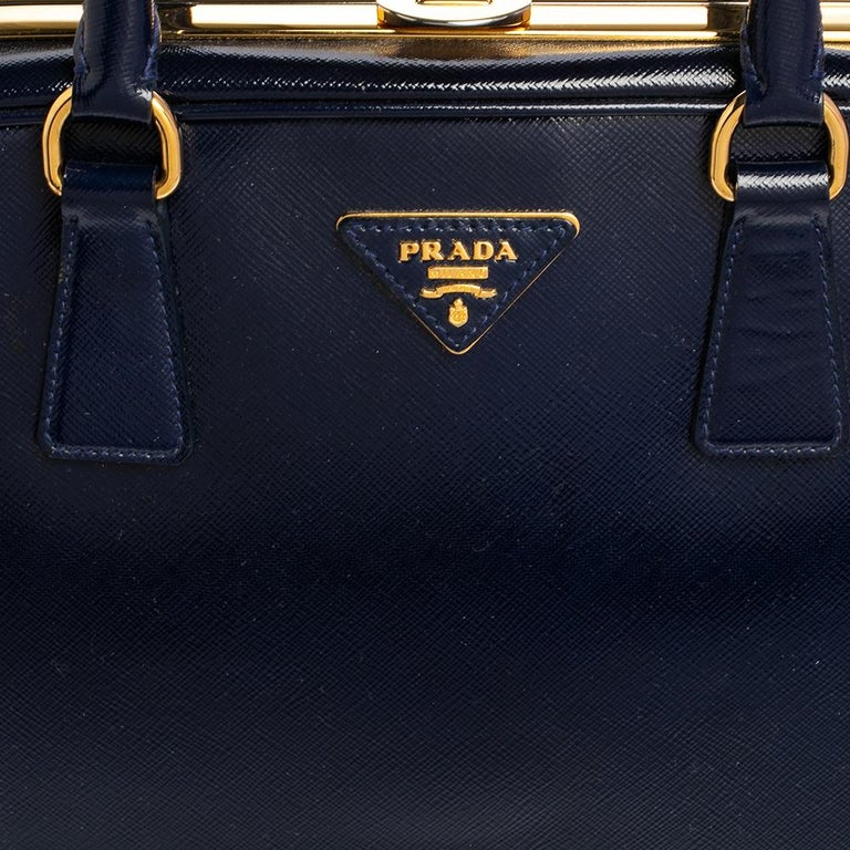 Prada Navy Blue Saffiano Vernice Leather Pyramid Frame Satchel at 1stDibs