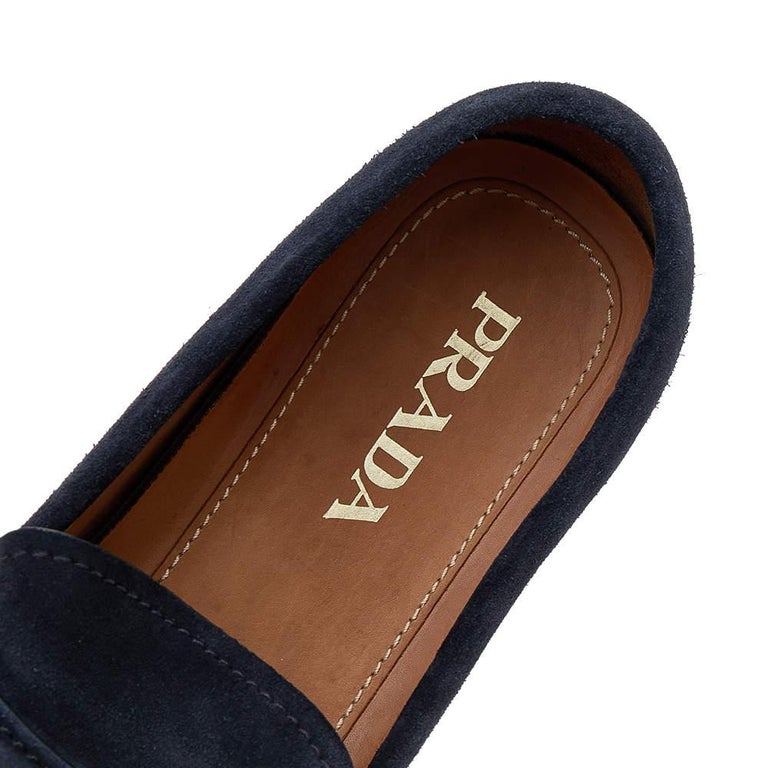 Prada Navy Blue Suede Slip On Loafers Size 43.5 For Sale at 1stDibs